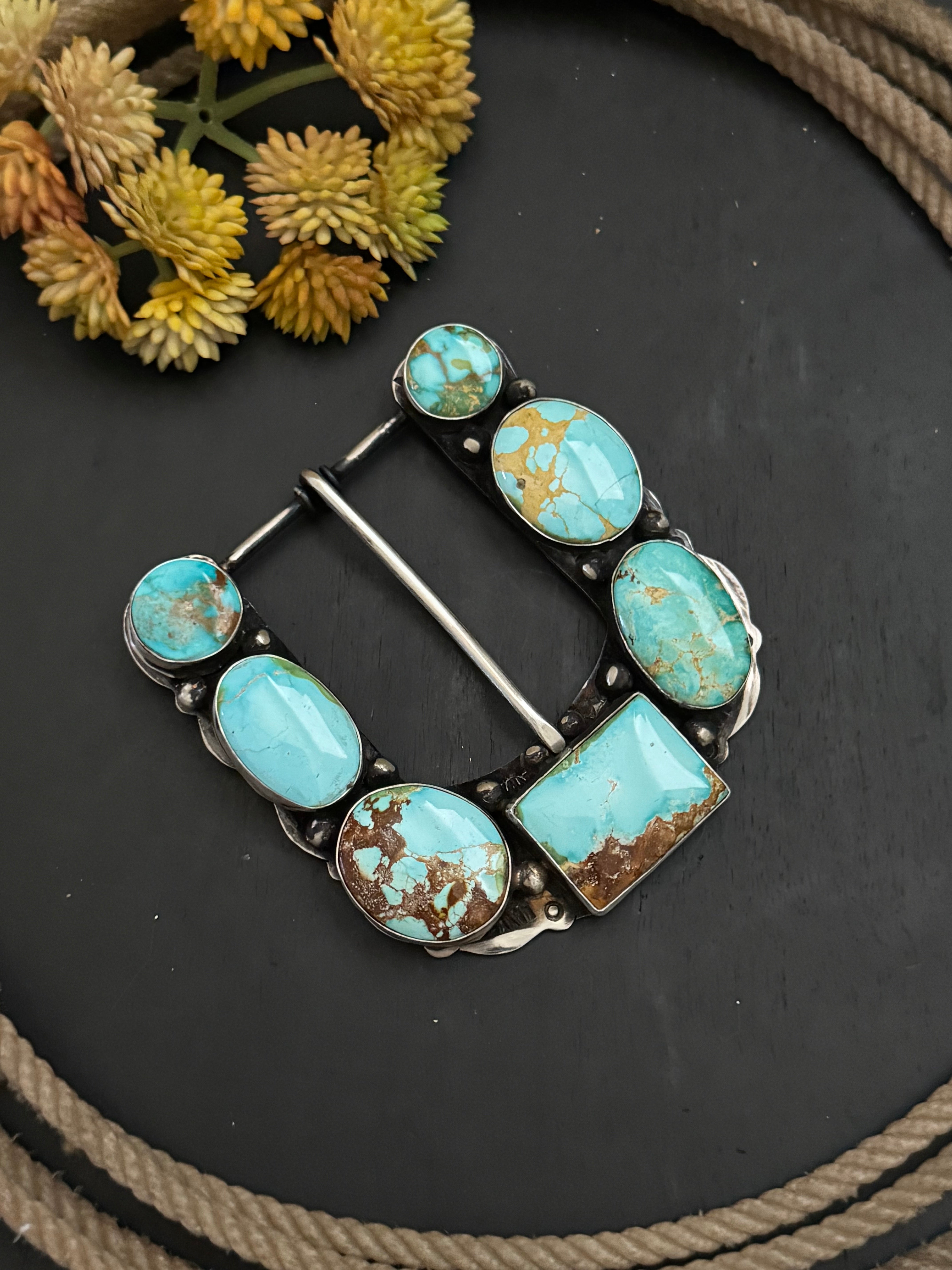 Sam Russel Multi Turquoise & Sterling Silver Belt Buckle