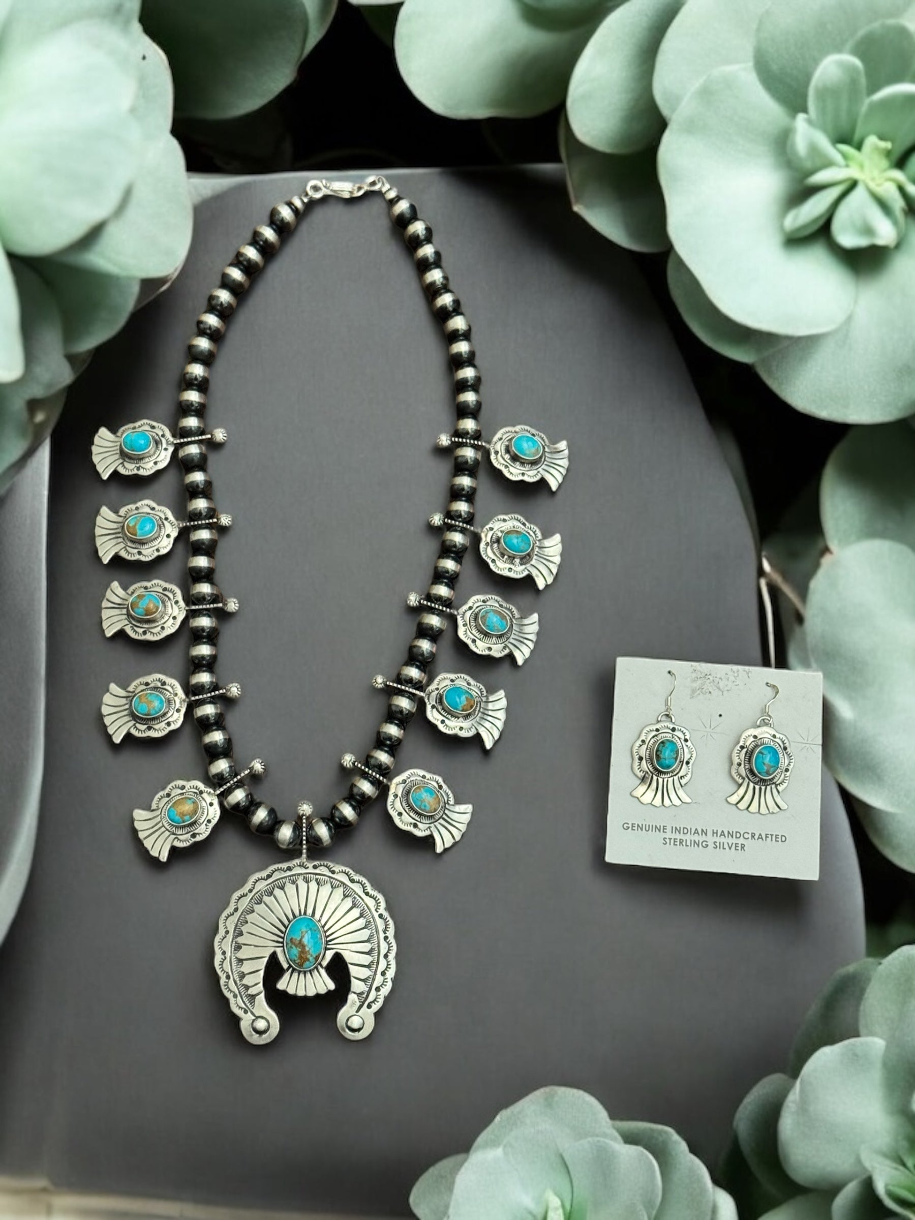 Marcella James Kingman Turquoise & Sterling Silver Squash Blossom Neck
