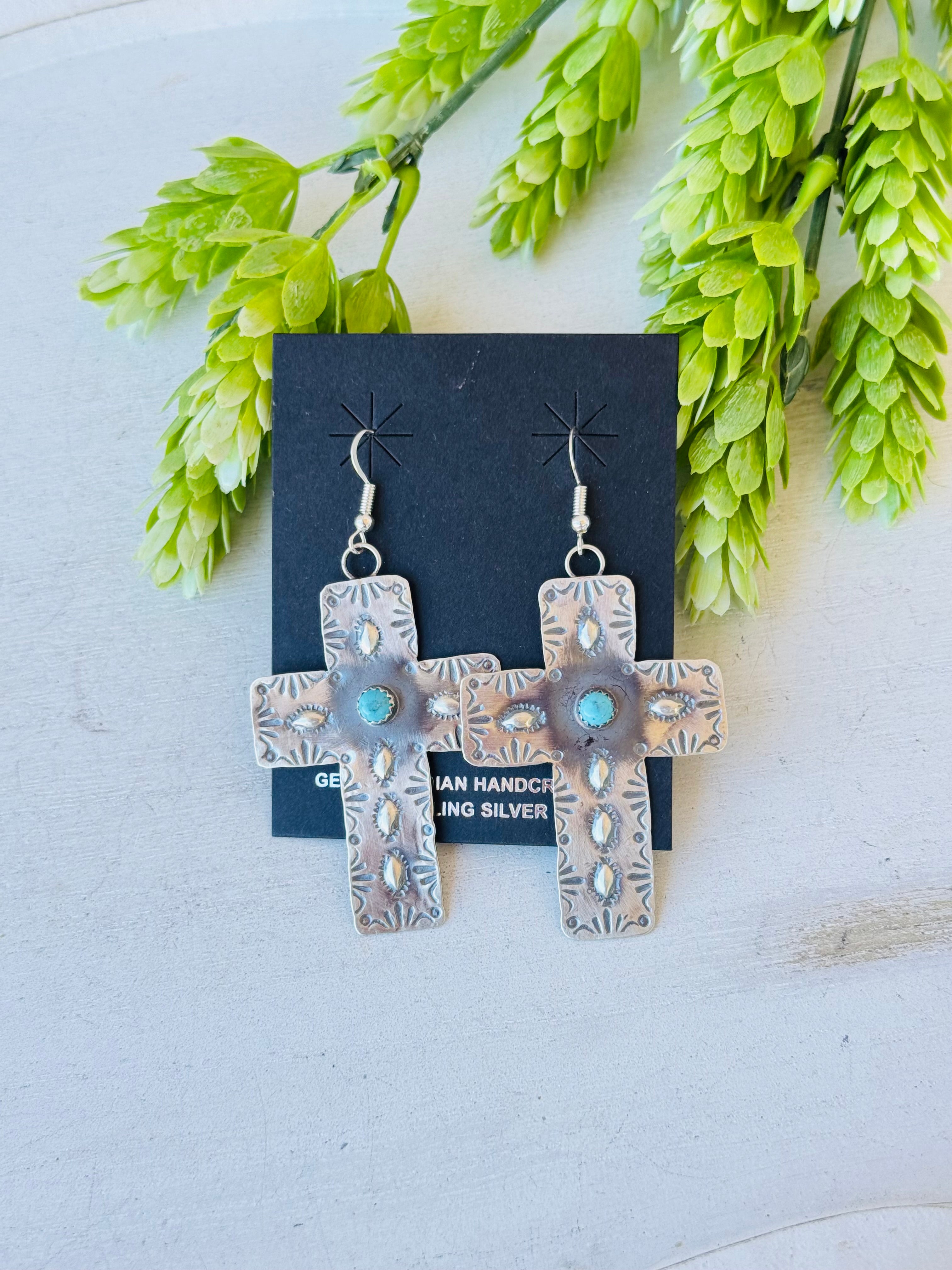 Tim Yazzie Kingman Turquoise & Sterling Silver Dangle Cross Earrings