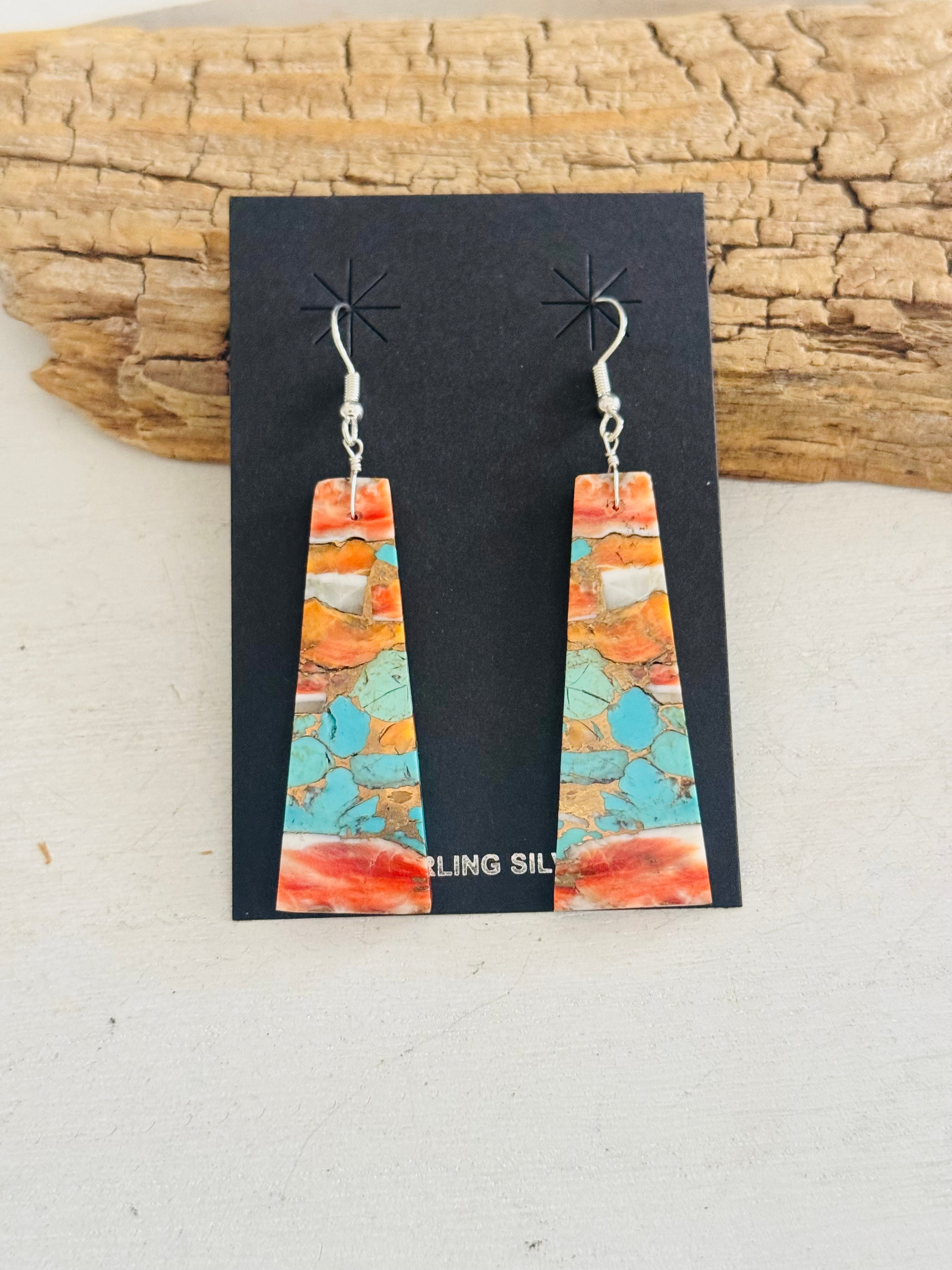 Navajo Made Mohave Turquoise & Sterling Silver Slab Dangle Earrings