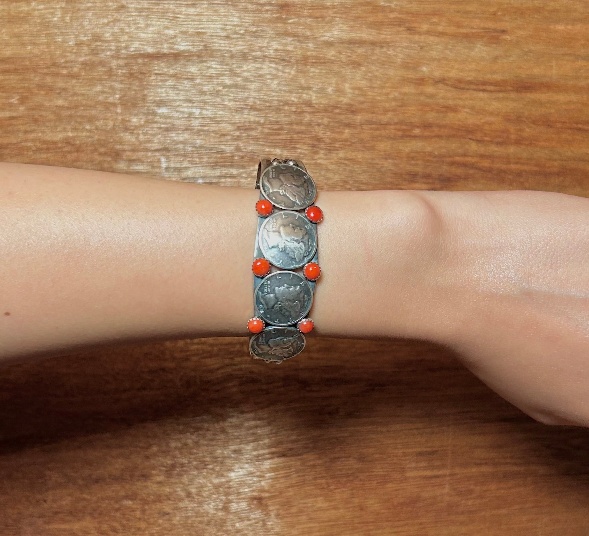 Navajo Made Red Coral & Sterling Silver Liberty Dime Cuff Bracelet