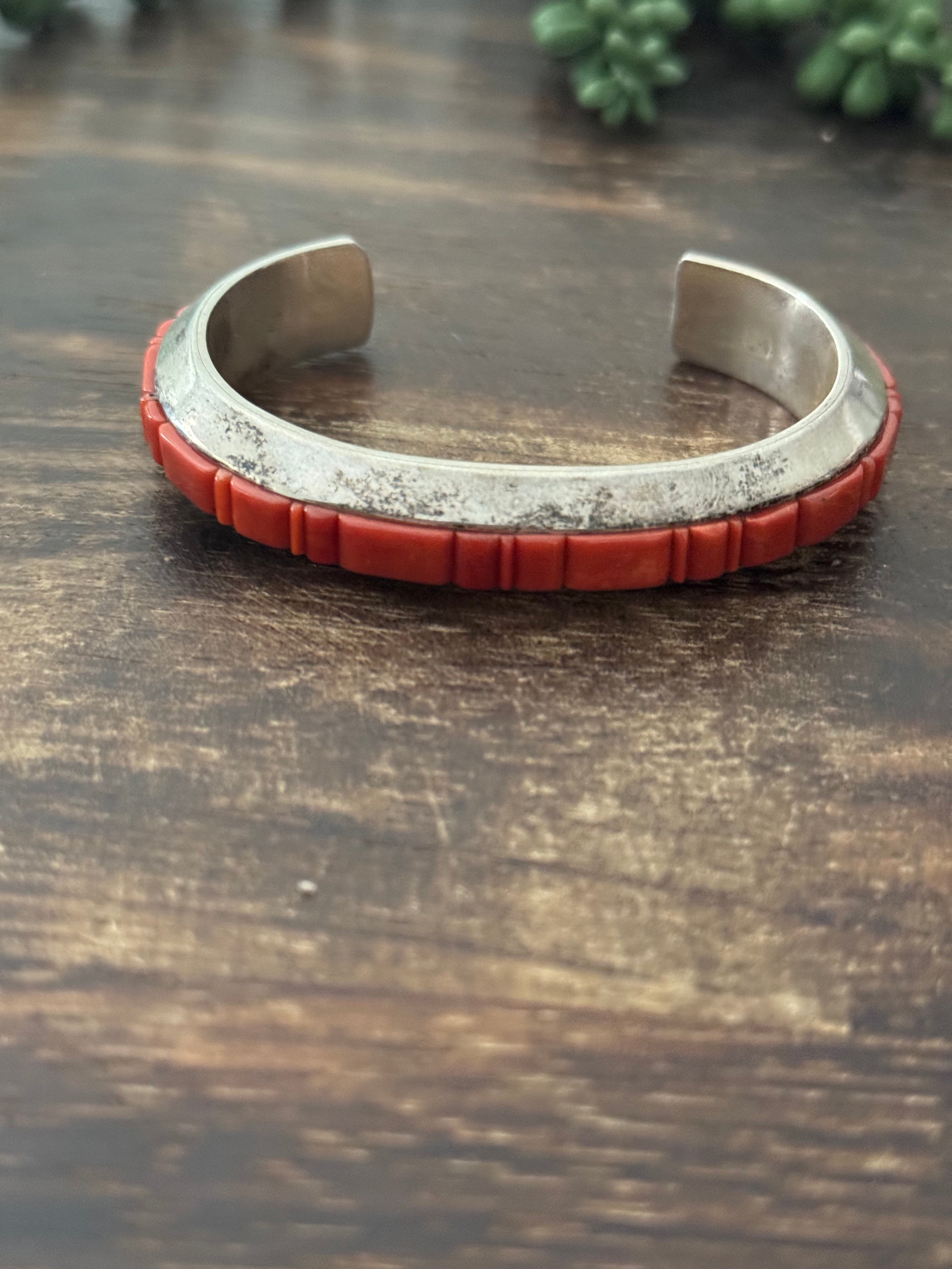 Old Pawn Thomas Francisco Vintage Navajo Made Coral & Sterling Silver