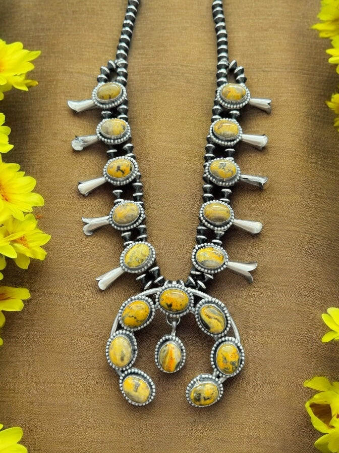 Gilbert Nez BB Agate & Sterling Silver Squash Blossom Necklace